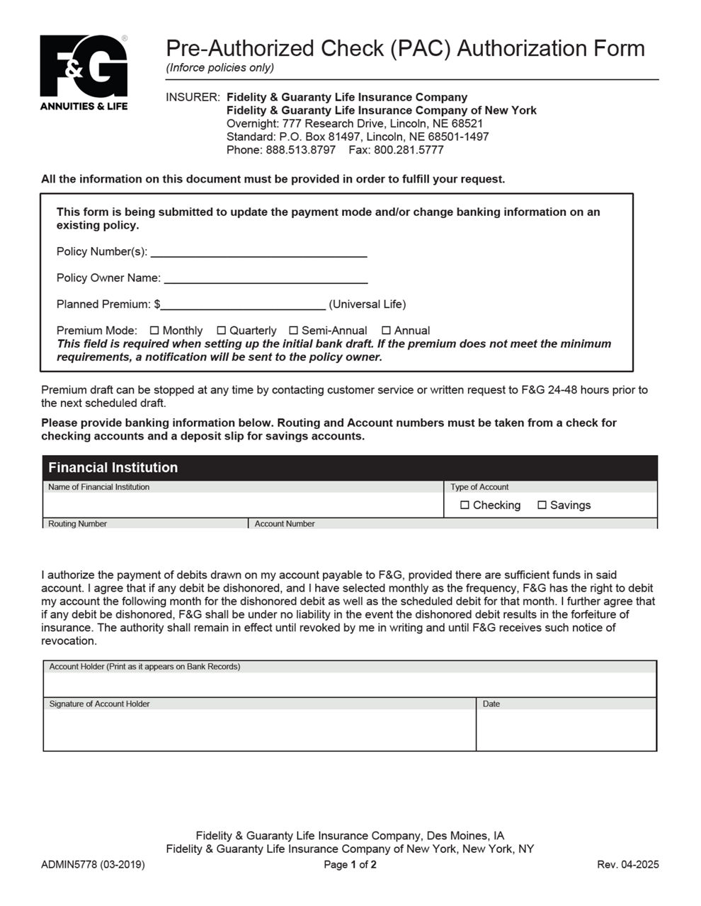 Authorize Automatic Premium Bank Information | F&G